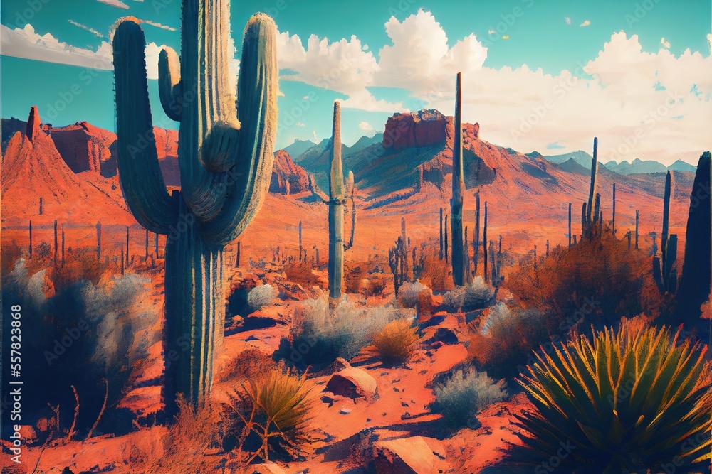 Barren Arizona southwest saguaro desert landscape during the hot summer ...