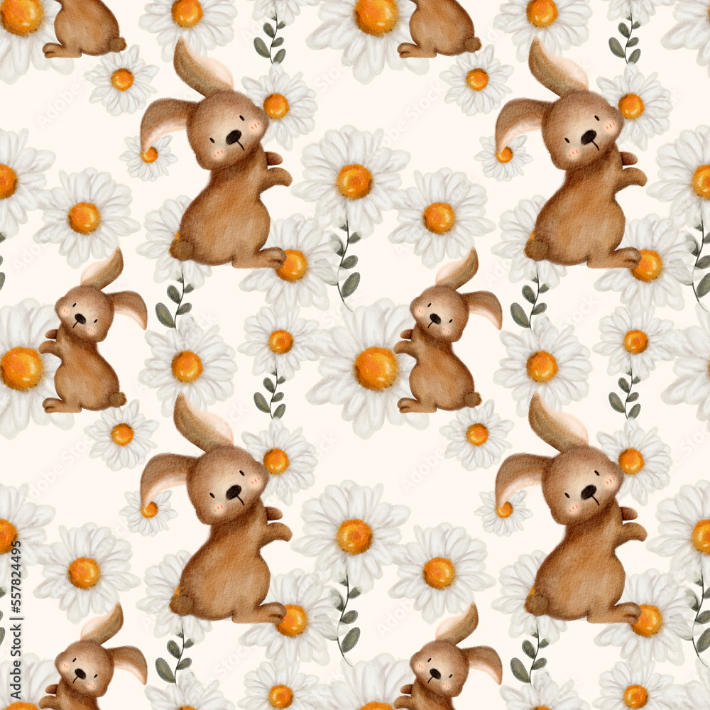 Rabbit and daisy flower watercolor seamless pattern.cartoon character ...