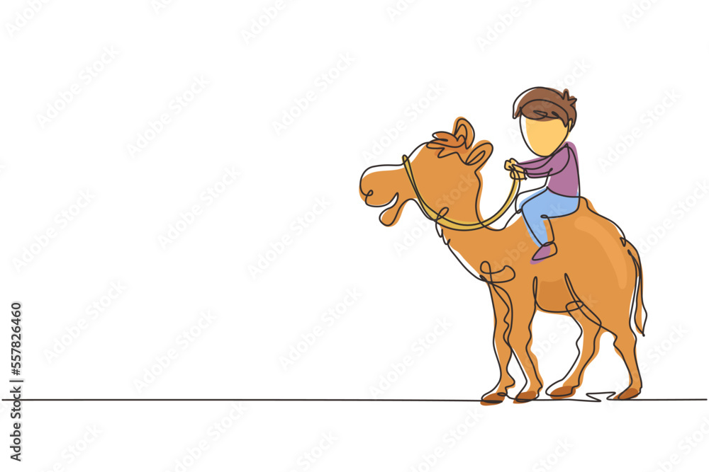 Single one line drawing happy little boy riding camel. Child sitting on ...