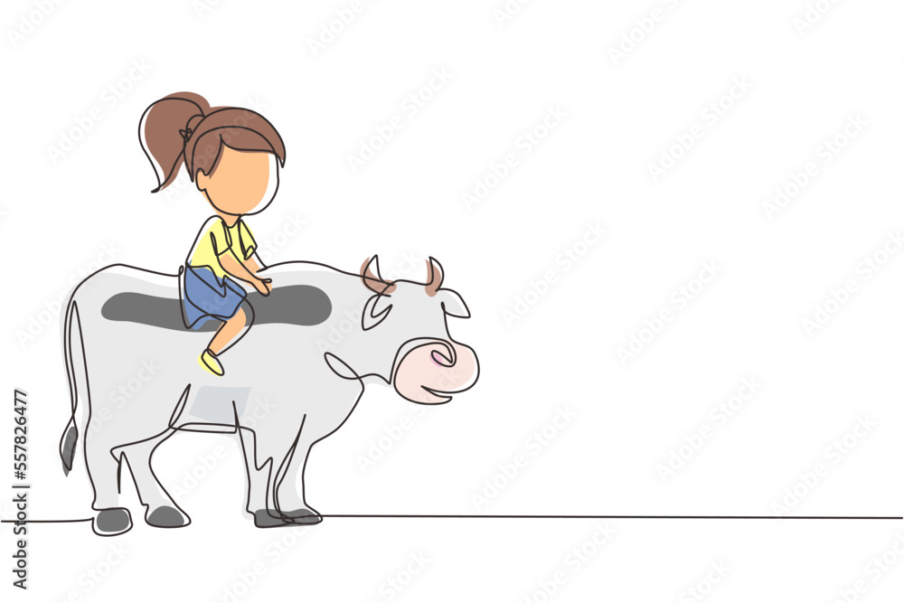 Continuous one line drawing happy little girl riding cow. Cheerful ...