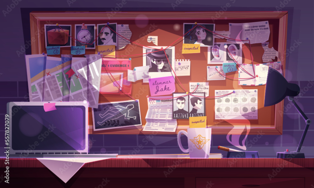 Detective office with table and board with evidences and red thread ...