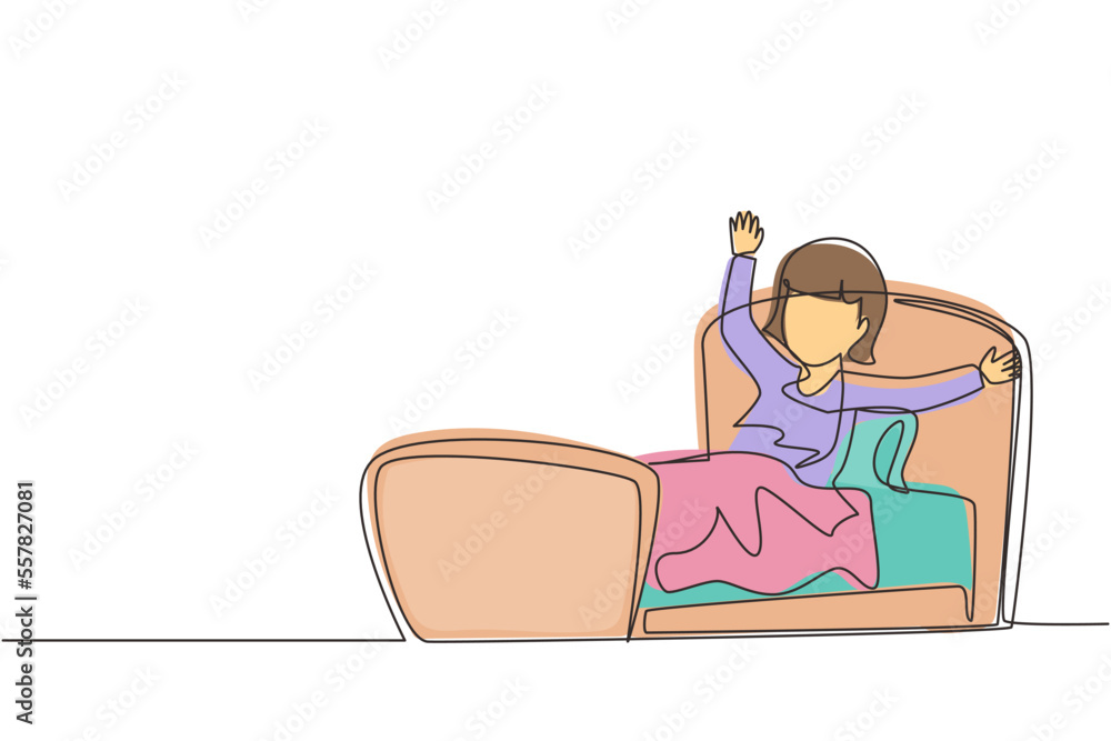 Continuous one line drawing little girl wake up and still yawning ...