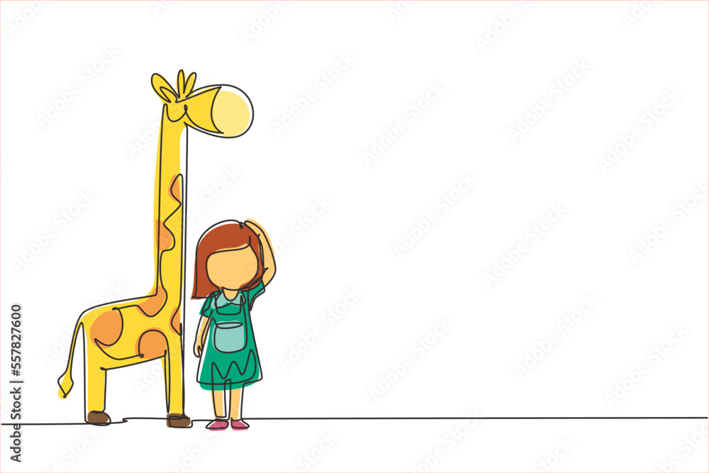 Continuous one line drawing little girl measuring her height with ...