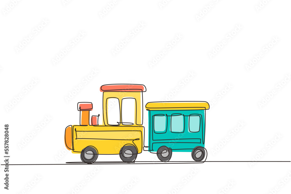 Continuous one line drawing toy train. Cute toy train and locomotive ...