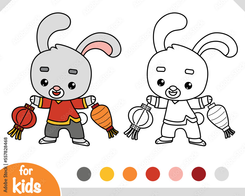 Coloring book for kids, Chinese new year character rabbit and lanterns ...