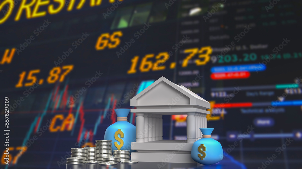 The money bag and bank building on chart background for business ...