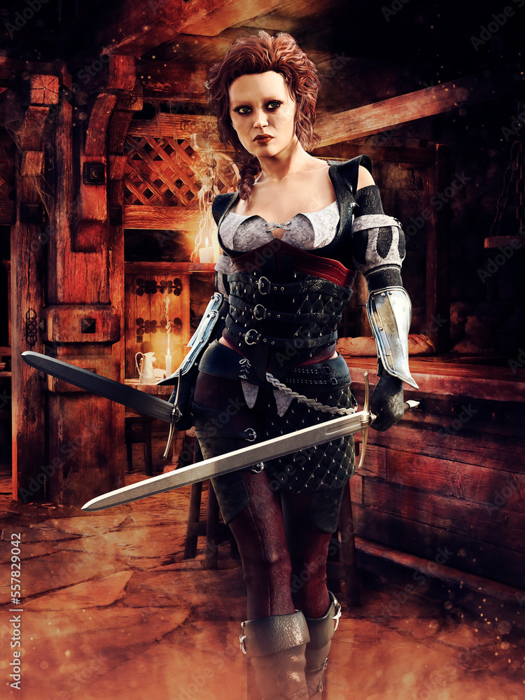 Fantasy female rogue with two short swords standing inside a medieval ...