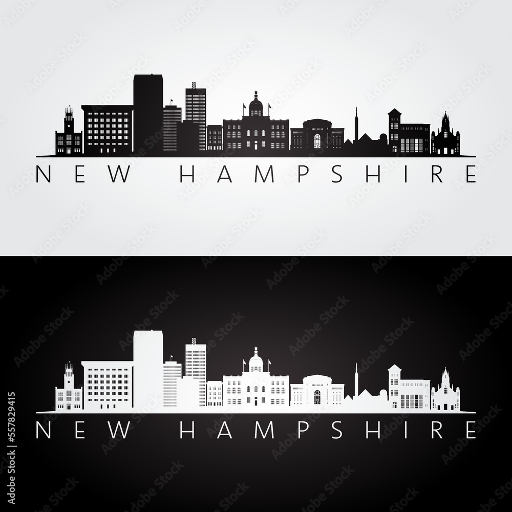 New Hampshire state skyline and landmarks silhouette, black and white ...