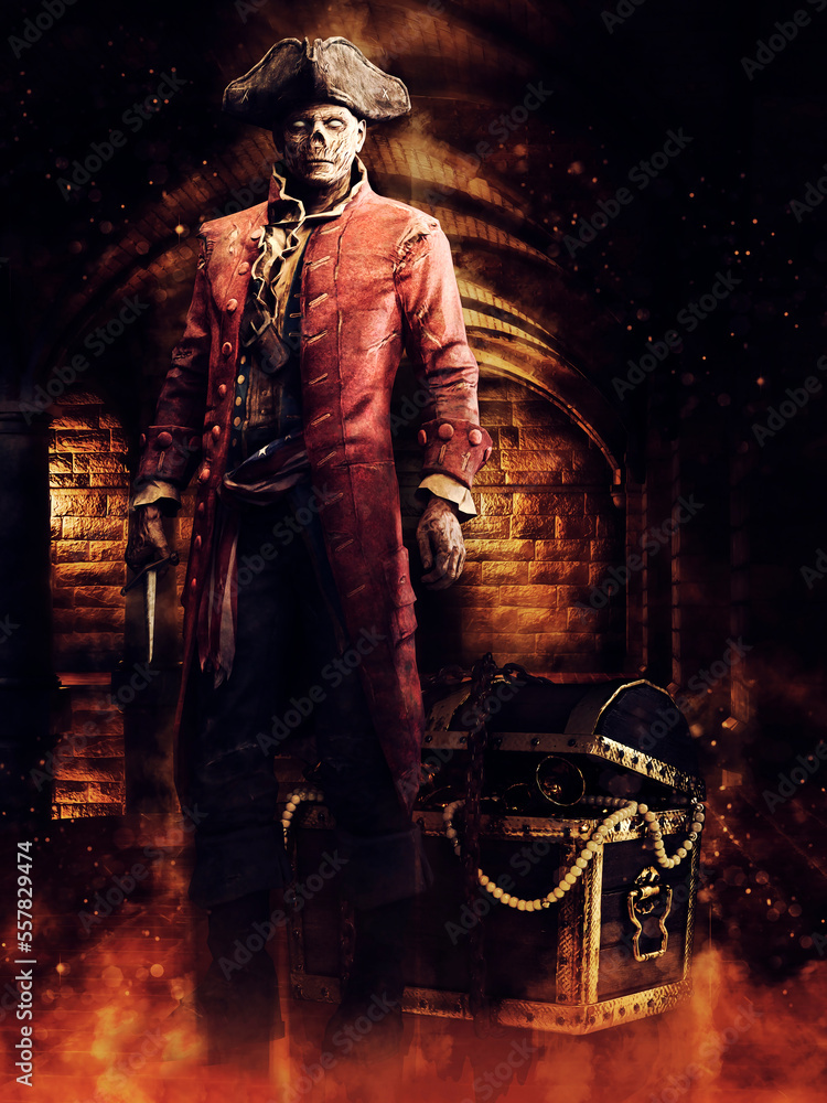Fantasy scene with a zombie captain standing next to a treasure chest ...