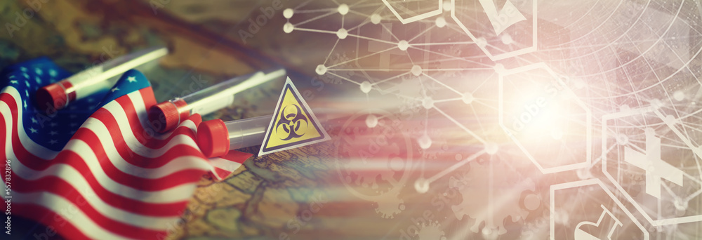 American flag, test tubes and biohazard sign. The concept of American ...