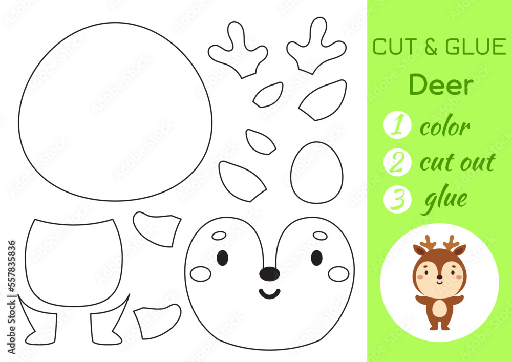 Color, cut and glue paper little deer. Cut and paste crafts activity ...