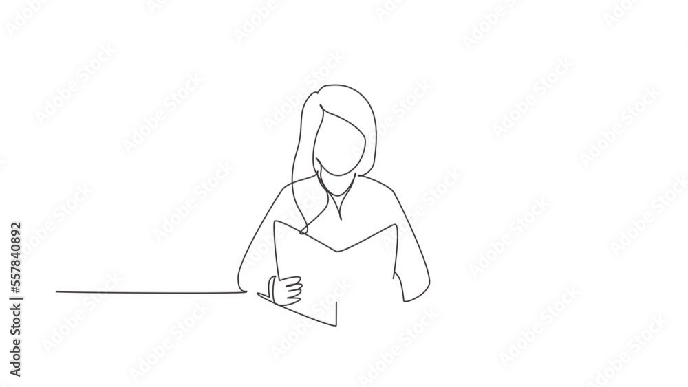 Animated self drawing of continuous line draw girl reading book ...