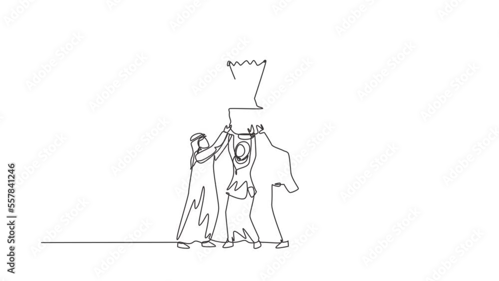 Animated self drawing of continuous line draw Arabian people hold huge ...