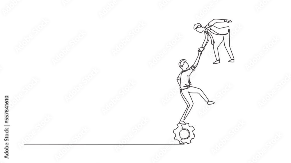Self drawing animation of single line draw businessmen helping each ...
