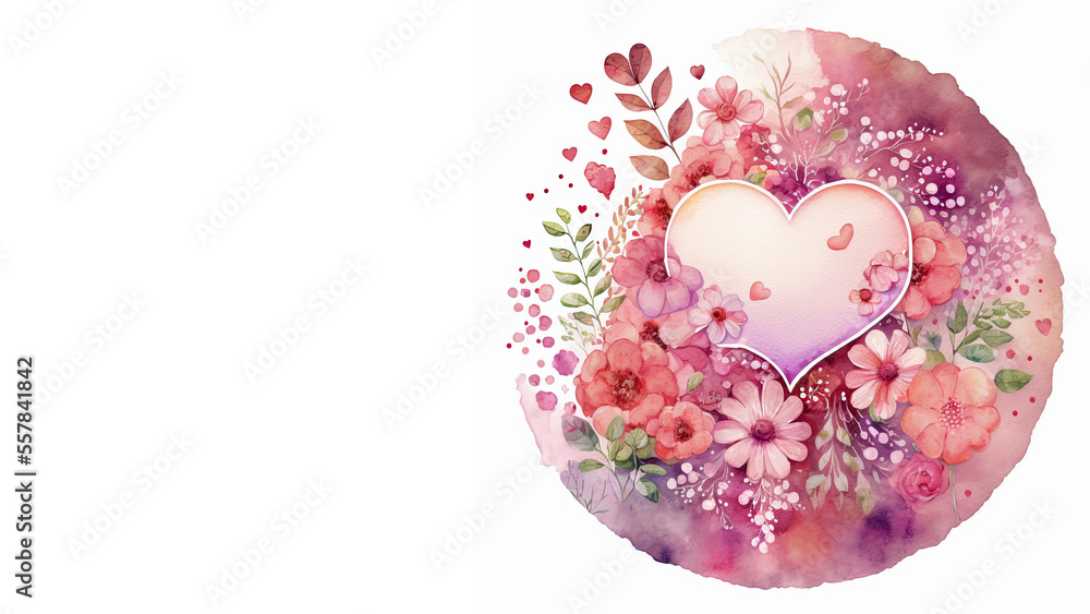 Watercolor Flowers with Love Heart. Beautiful, Floral Valentine's Day ...
