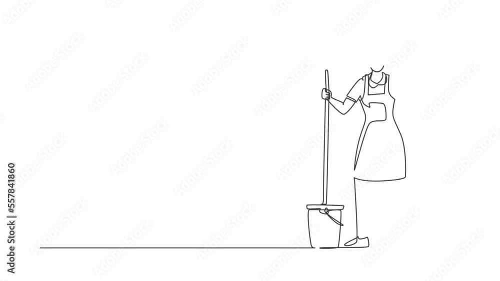 Self drawing animation of single line draw woman with buckets, mops ...