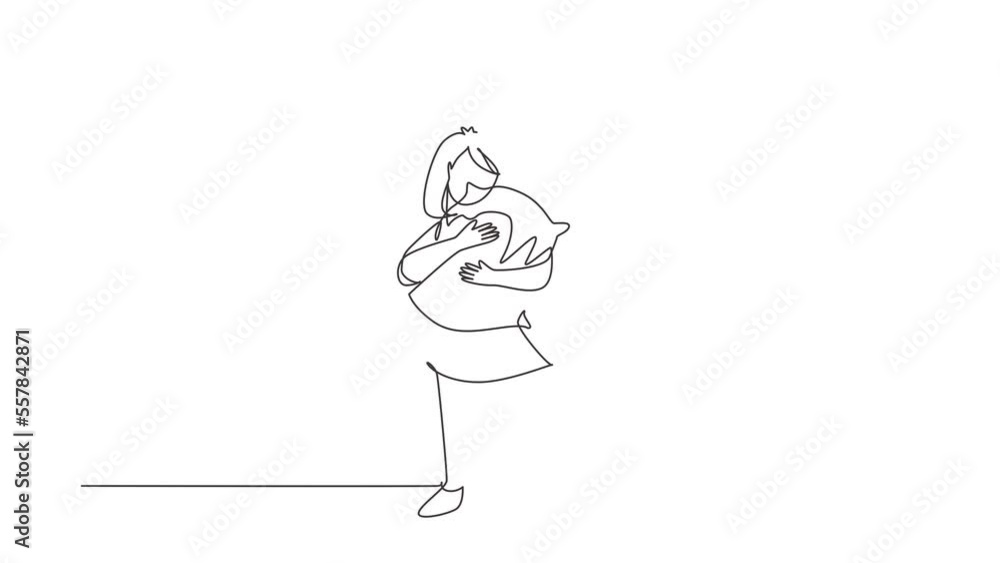Animated self drawing of continuous line draw sleepy girl in pajamas ...