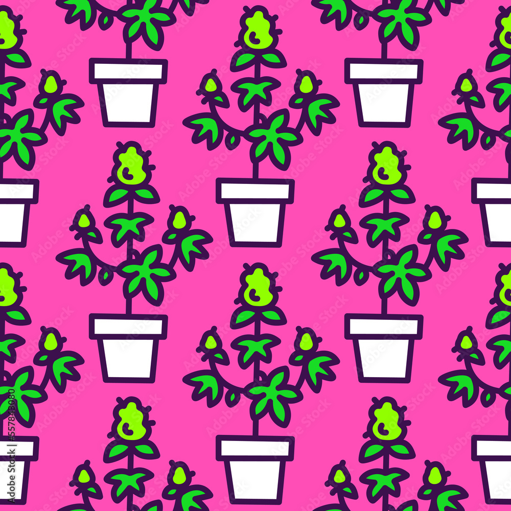 Cannabis Plants Seamless Vector Pattern in Line Cartoon Style for ...