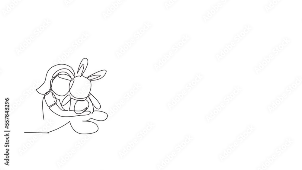Animated self drawing of continuous line draw little girl hug her doll ...