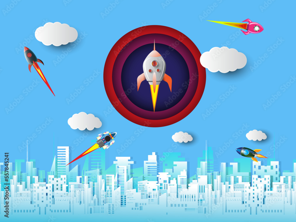 A rocket is soaring into the sky in an unpolluted city.Logistics ...