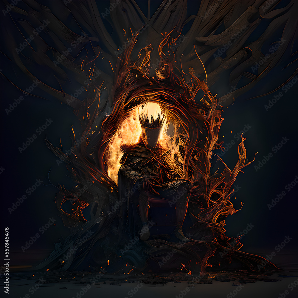 A dark demon overlord sitting on the burning throne made of roots. AI ...