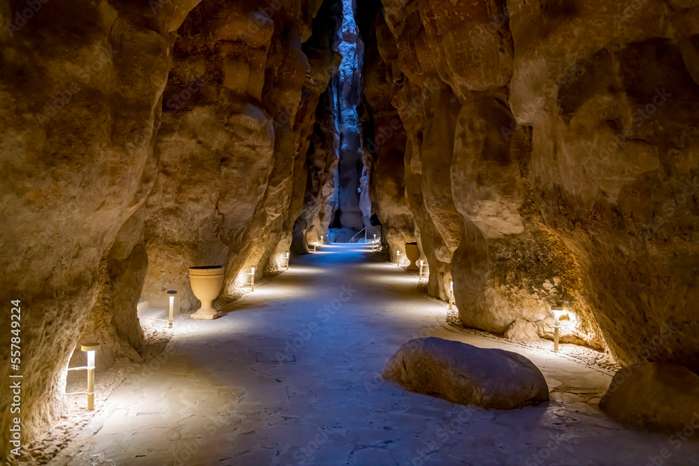 Saudi Arabia, Eastern Province, Al-Hofuf,Illuminated cave at Jabal Al ...