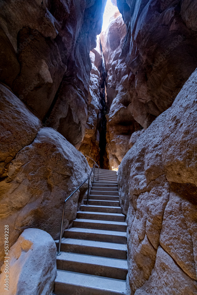Saudi Arabia, Eastern Province, Al-Hofuf,Steps inside cave at Jabal Al ...