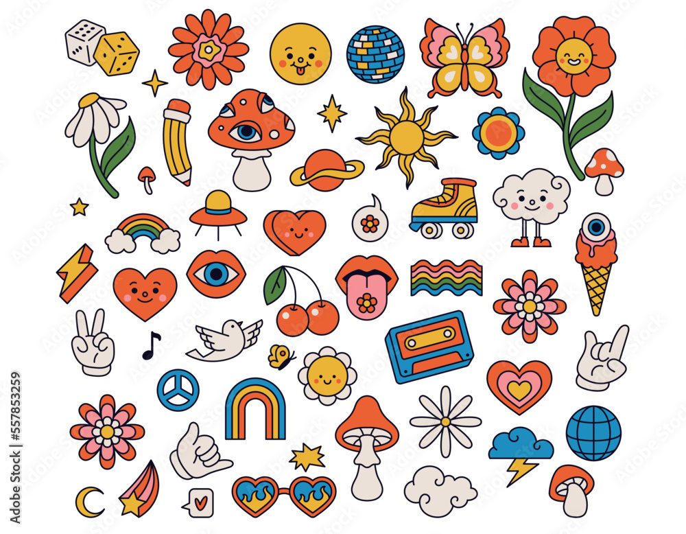 Groovy elements collection flowers mushroom and rainbow. Vector of ...