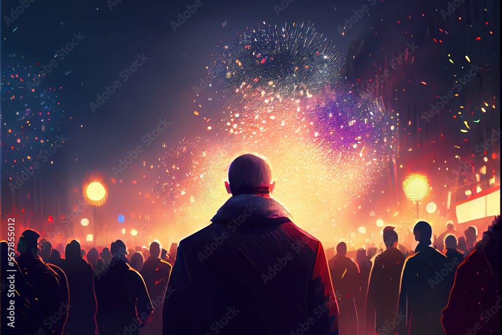 Man watching an impressive fireworks display at night in a field ...