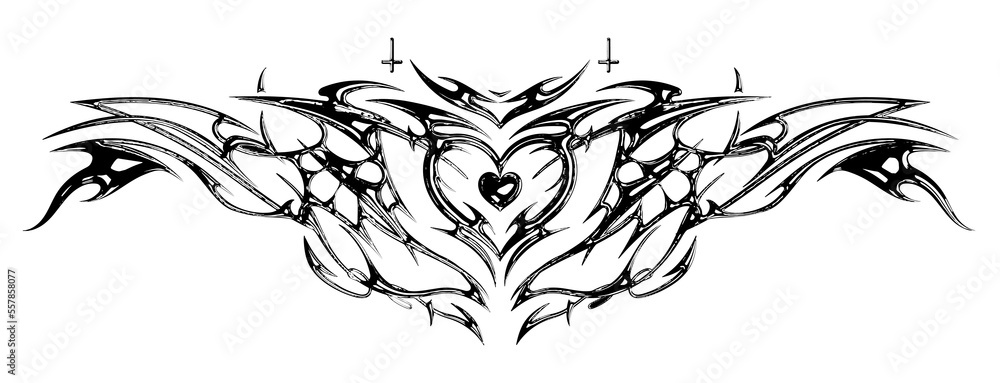 Succubus womb tattoo. Demon heart sigil, 3D chrome metal in triball ...