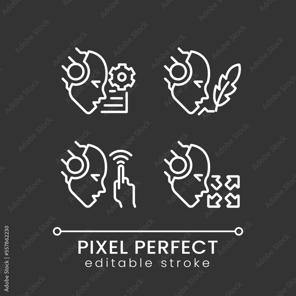 Artificial intelligence capabilities pixel perfect white linear icons set for dark theme ...