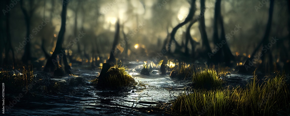 Polluted swamp landscape with trees. Stock Illustration | Adobe Stock