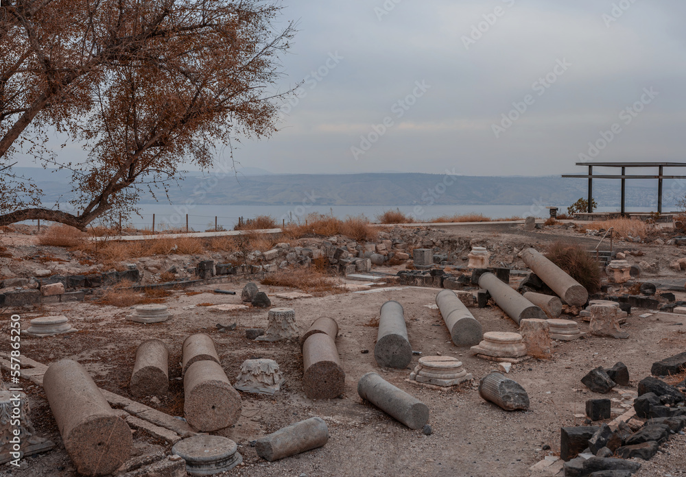 Antient antique columns. Ruins of the Greek - Roman city Hippos ...