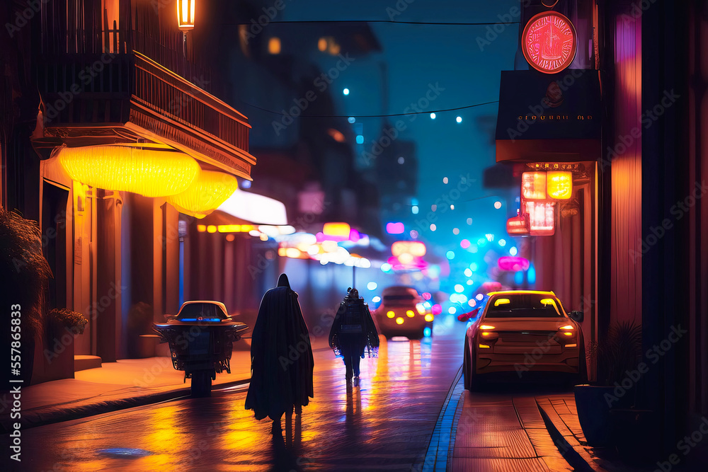 Abstract night view of a side street with illuminated shops, bars and ...