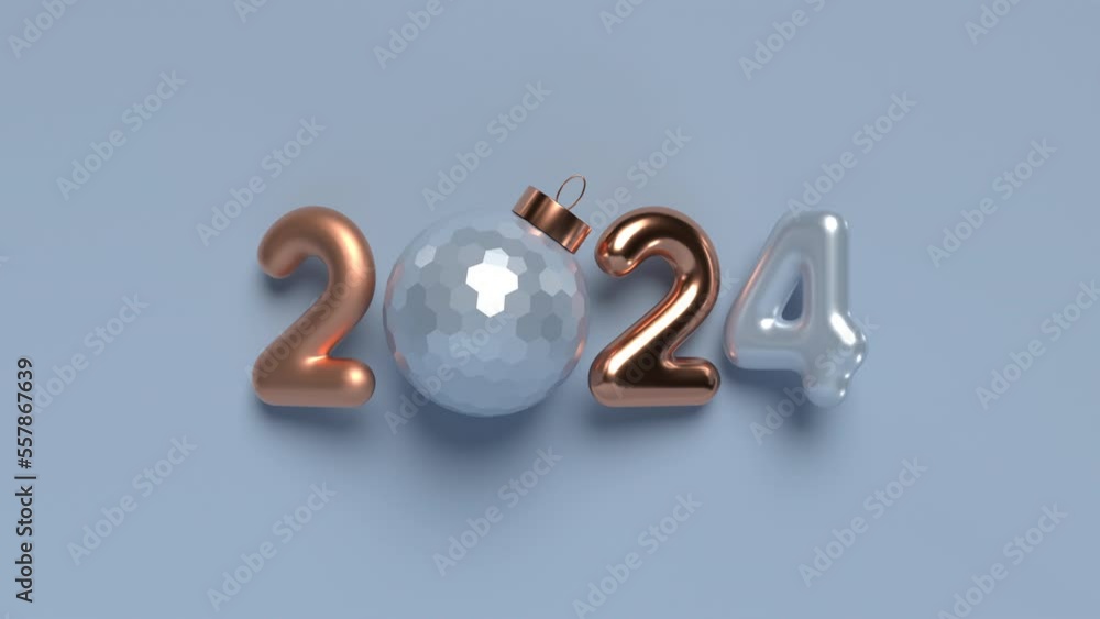 2024 New Year sign with rotating ball. 3d metallic golden or copper ...