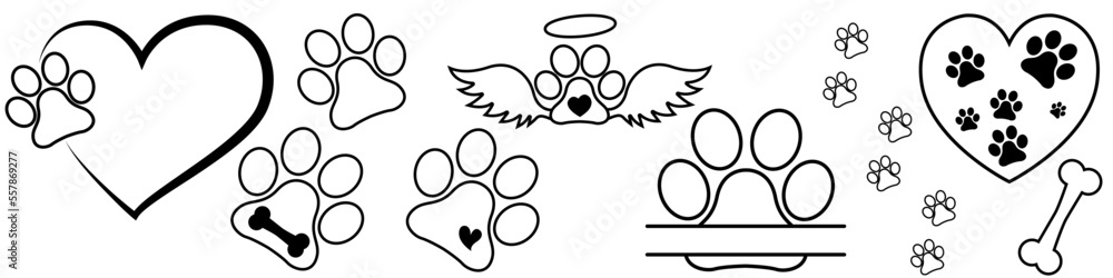 Heart paw icon vector set. Dog paw illustration sign collection. love ...