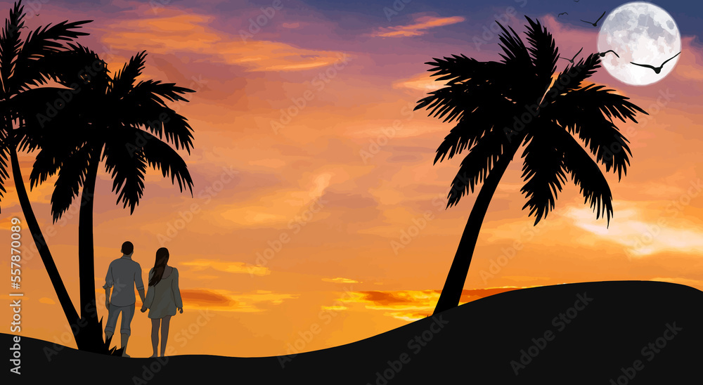 lovely couple on date under the bright moon and seaside anime digital ...