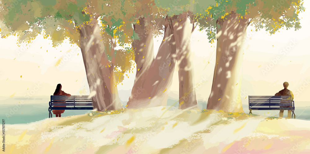 ภาพประกอบสต็อก Couple Setting In Bench Under The Tree In Park Anime Digital Art Illustration