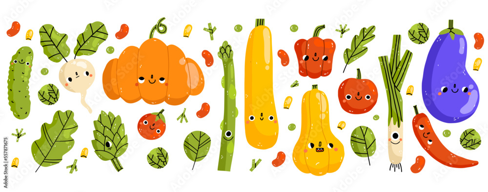 Cute vegetable characters with funny kawaii faces. Happy smiling ...