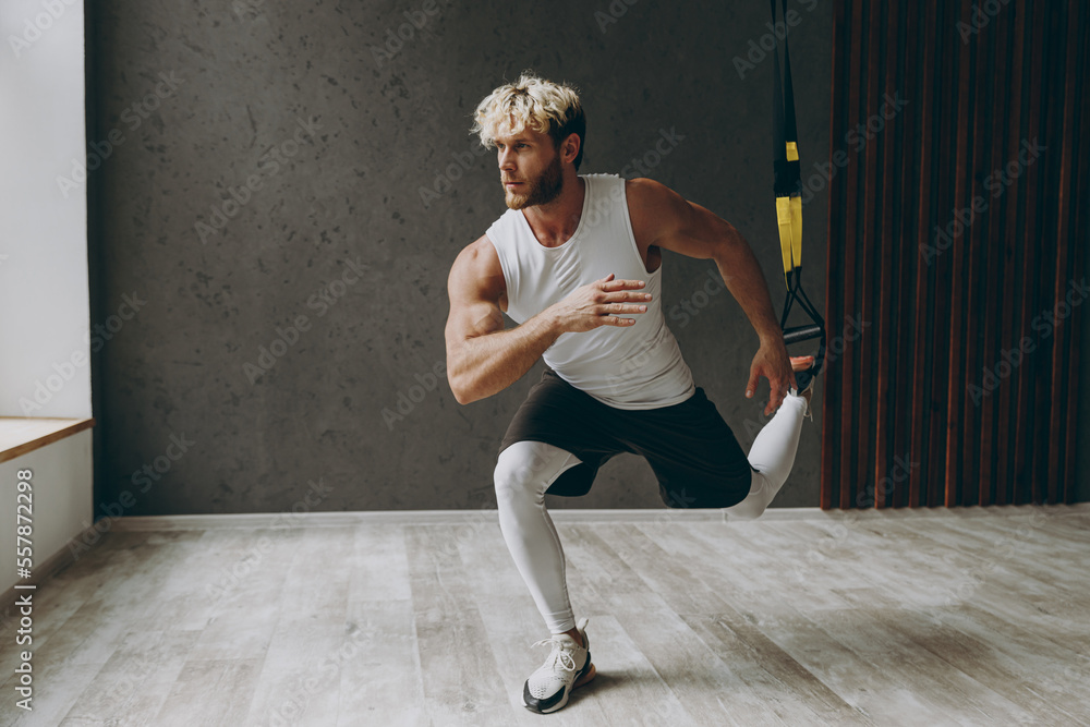 Full body side view young masculine strong sporty athletic sportsman ...