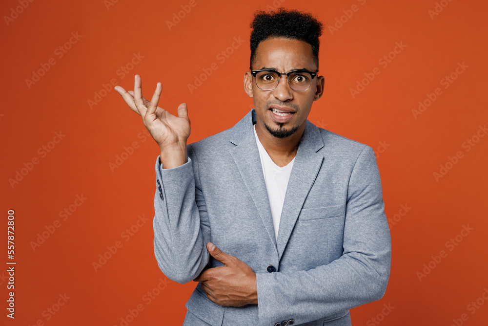 Young irritated sad nervous employee business man corporate lawyer wear ...