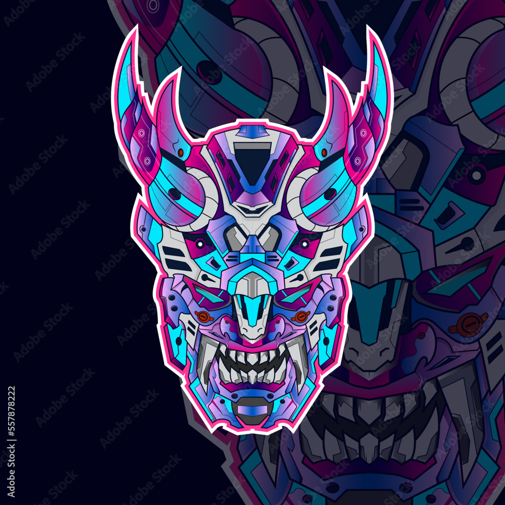 mecha Cyberpunk japanese oni mask vector stock illustration with face ...