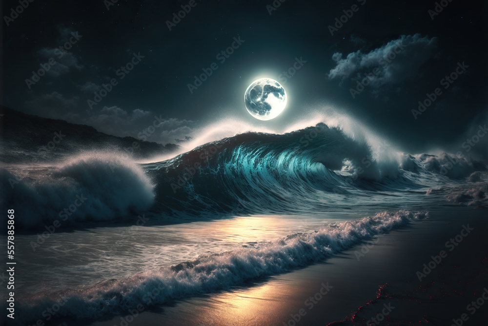 big waves on beach shore at night with full moon and moonlight ...