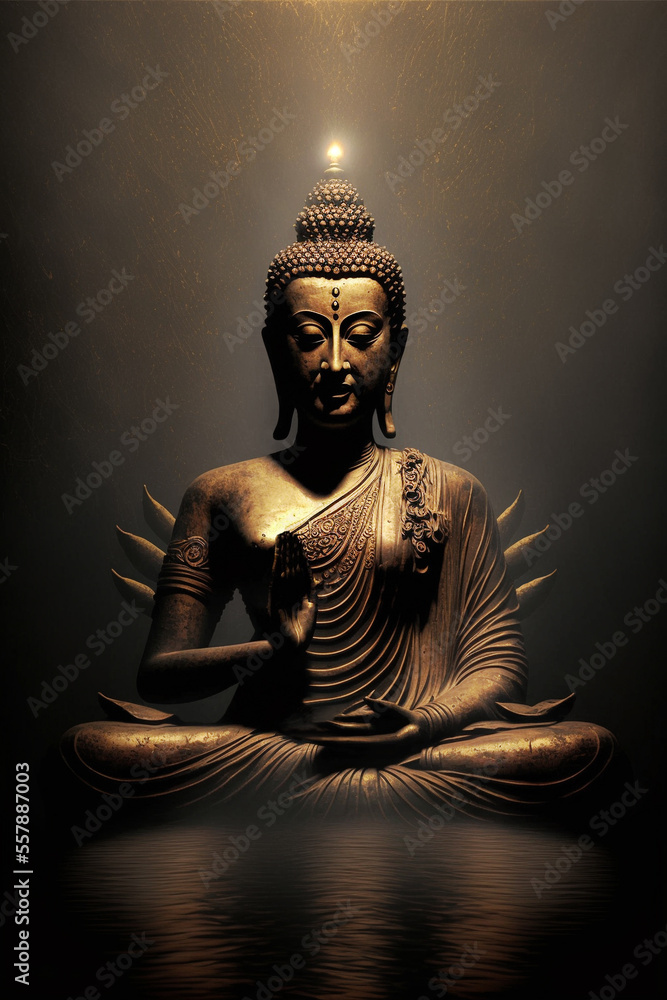 Buddha gold sculpture in meditation pose with enlightening light on top ...