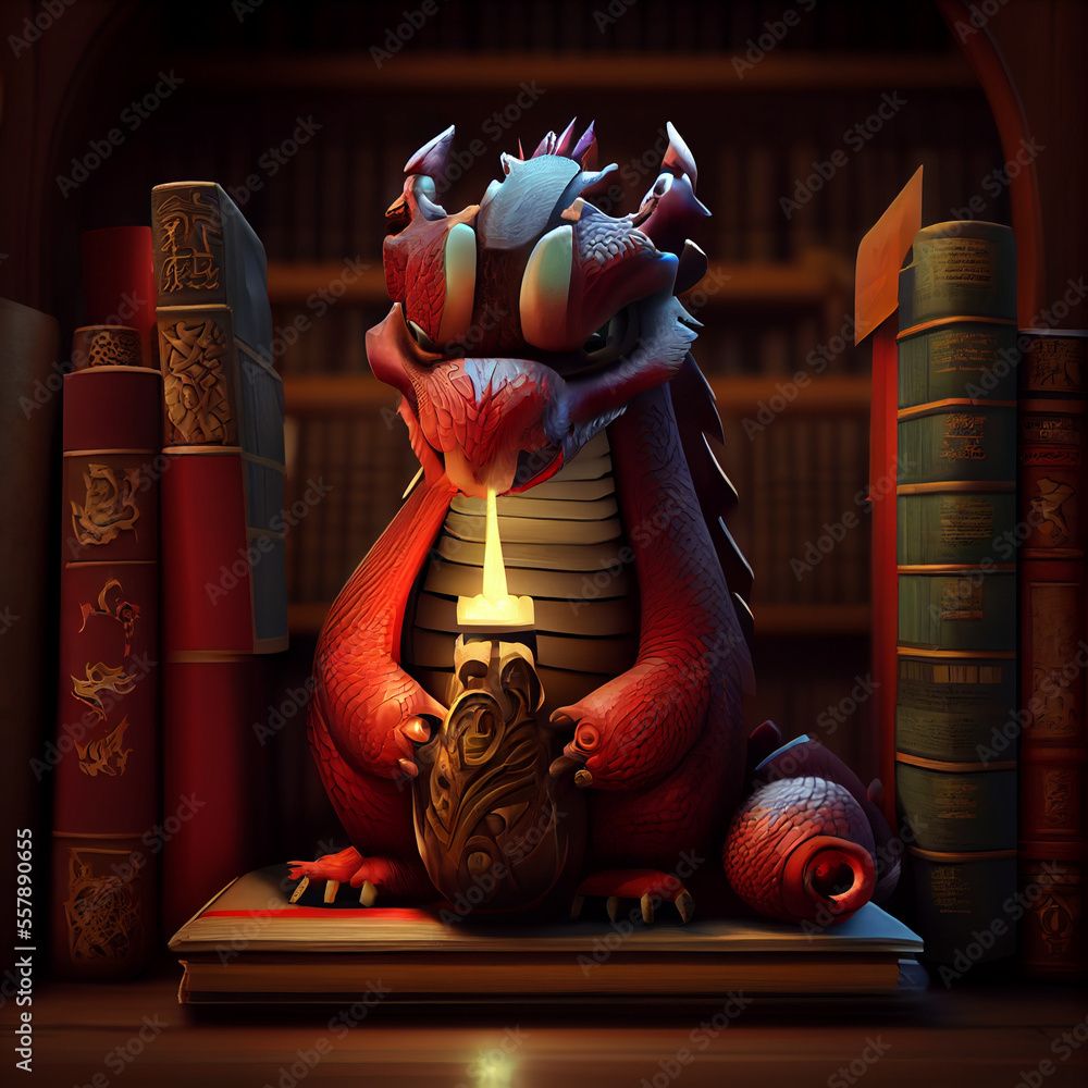 Red cute dragon reading a book in library, generative ai Stock ...