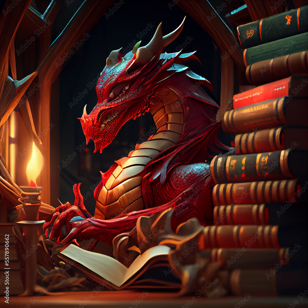 Red cute dragon reading a book in library, generative ai Stock ...
