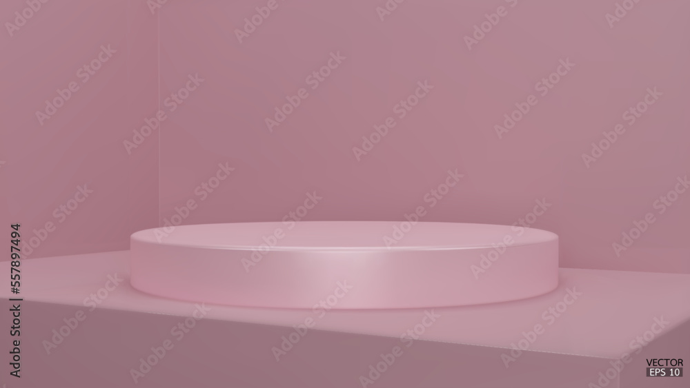 Shiny soft Pink round pedestal on studio backdrops. Blank display or ...