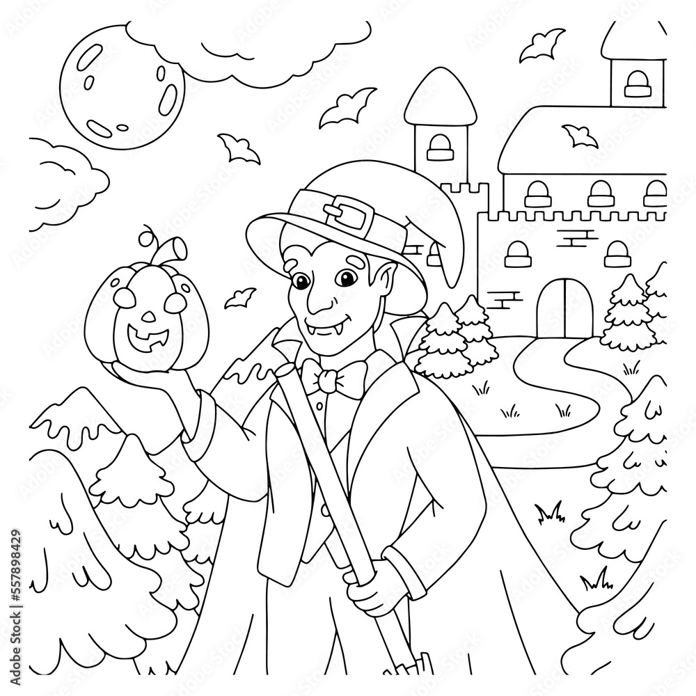 Count Dracula with broom and pumpkin for Halloween. Coloring book page ...