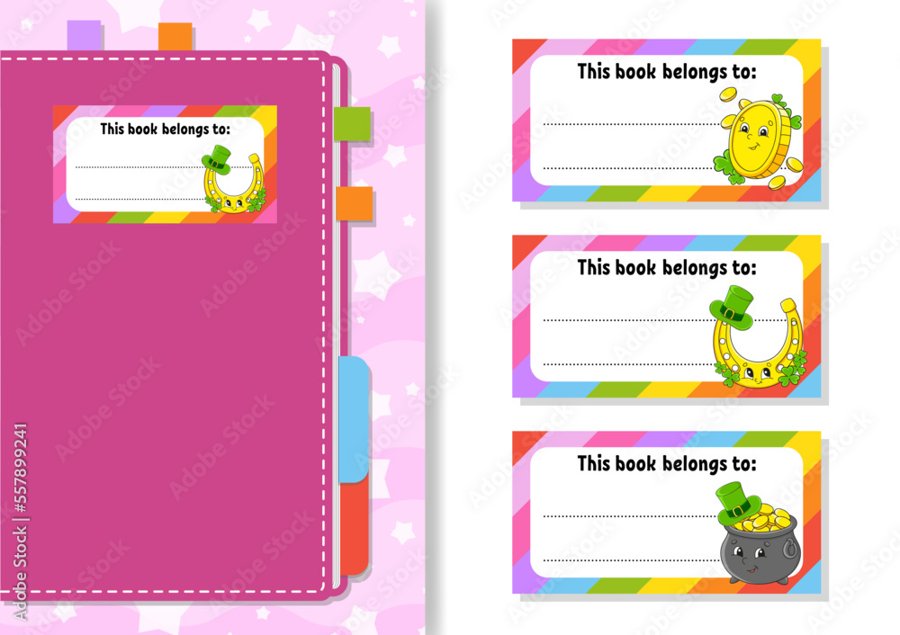 Book label stickers for kids. The rectangular shape. Cartoon character ...