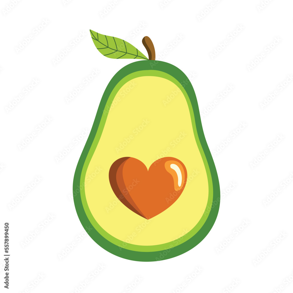 Vector illustration of cut avocado half with heart shaped pit stem leaf ...